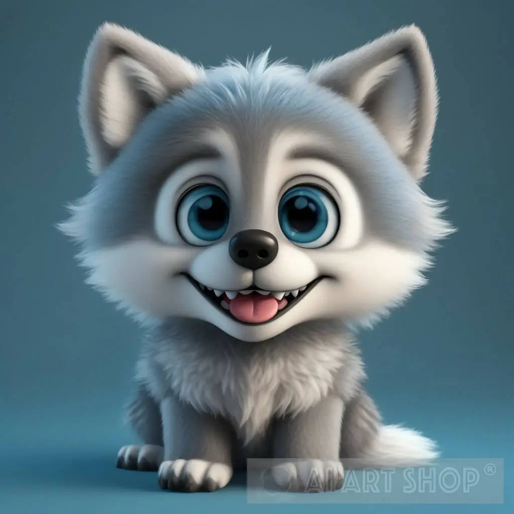 Realistic 3d render of happy, furry and cute baby Gray Wolf smiling...