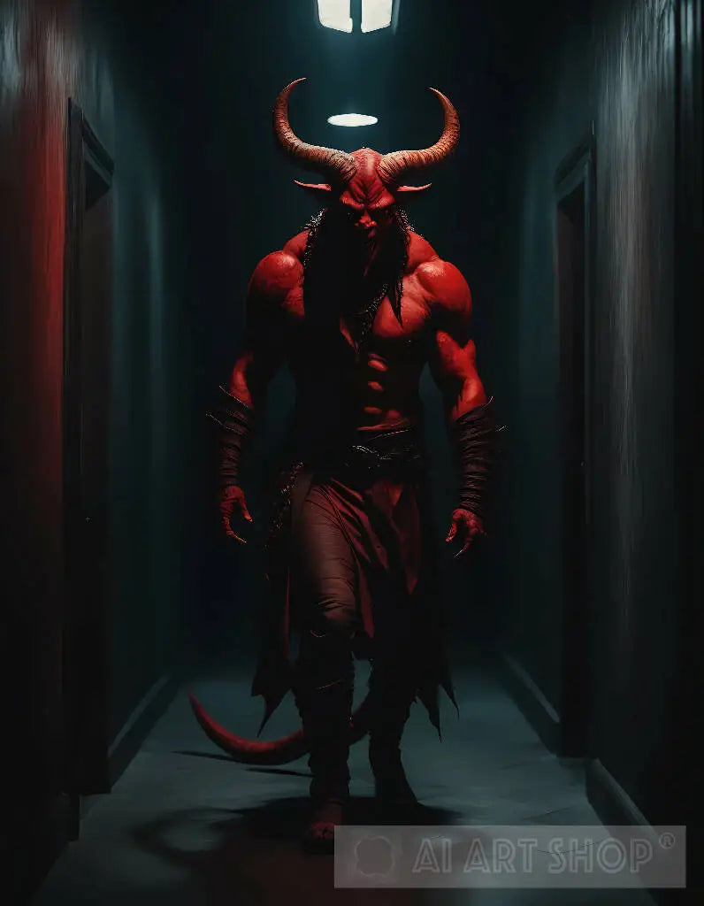 Red horned Demon walks down the corridor