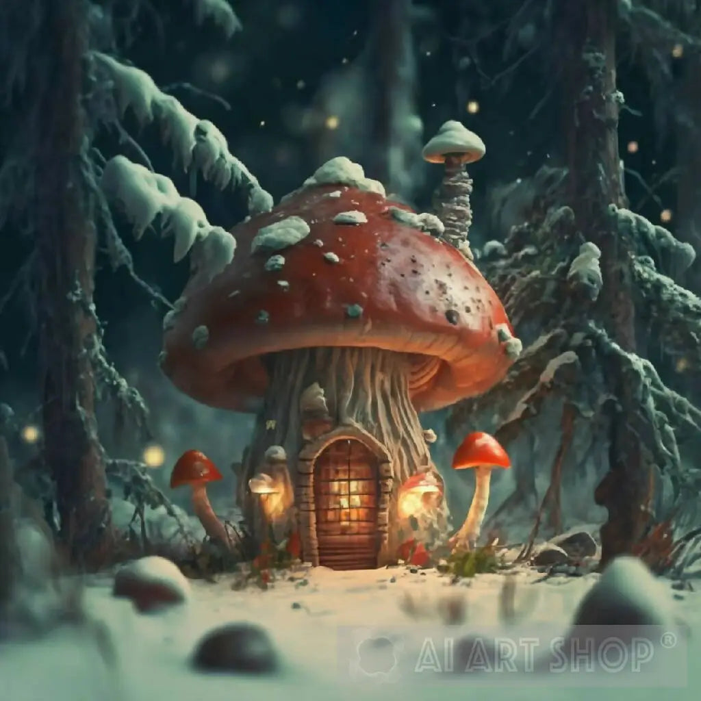 Red mushroom shaped like a hut nature forest trees