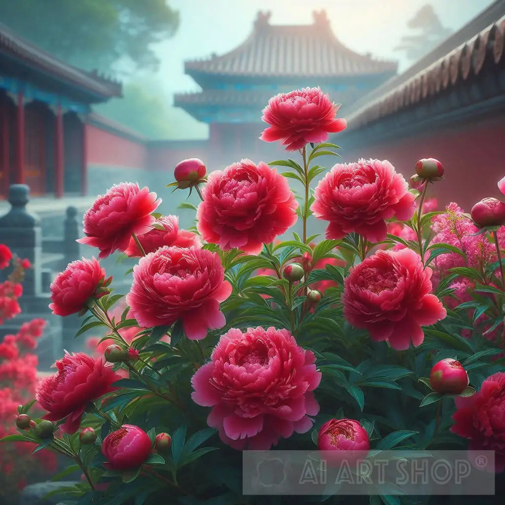 Red Peonies Outside Traditional Chinese Compound