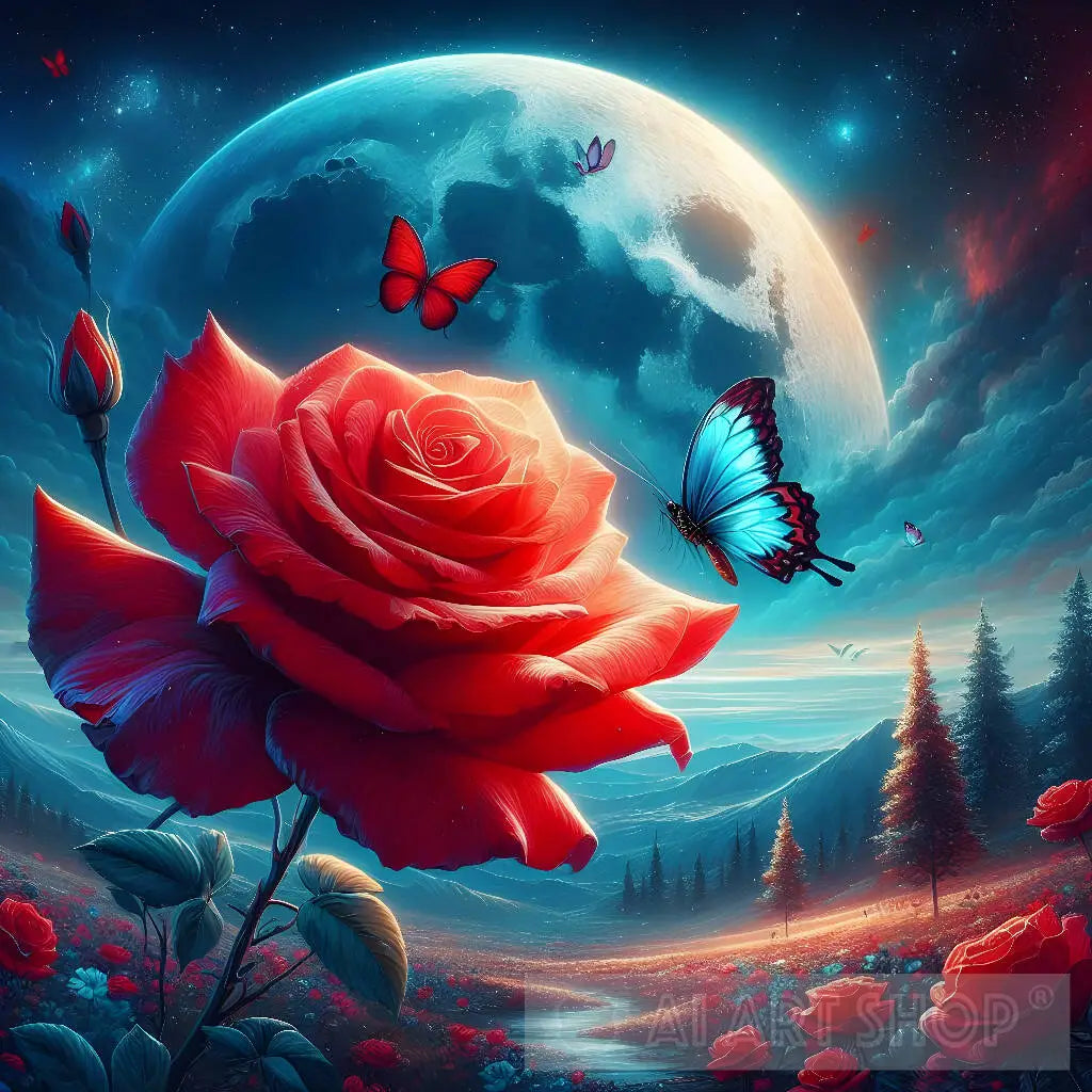 Red Rose With Butterflies, Red Rose, Butterfly Art, Romantic Floral...