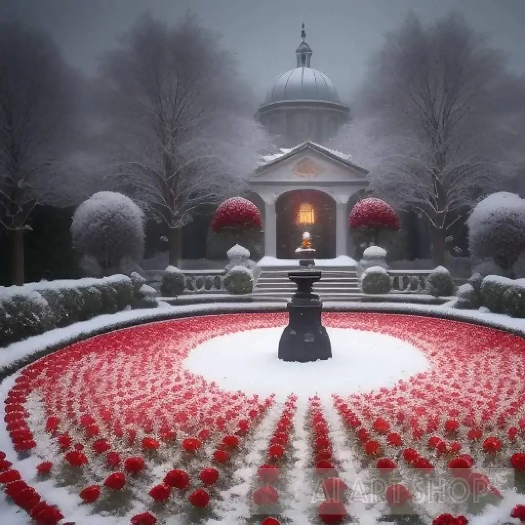 "Contrast of red roses against falling snow." "Winte...