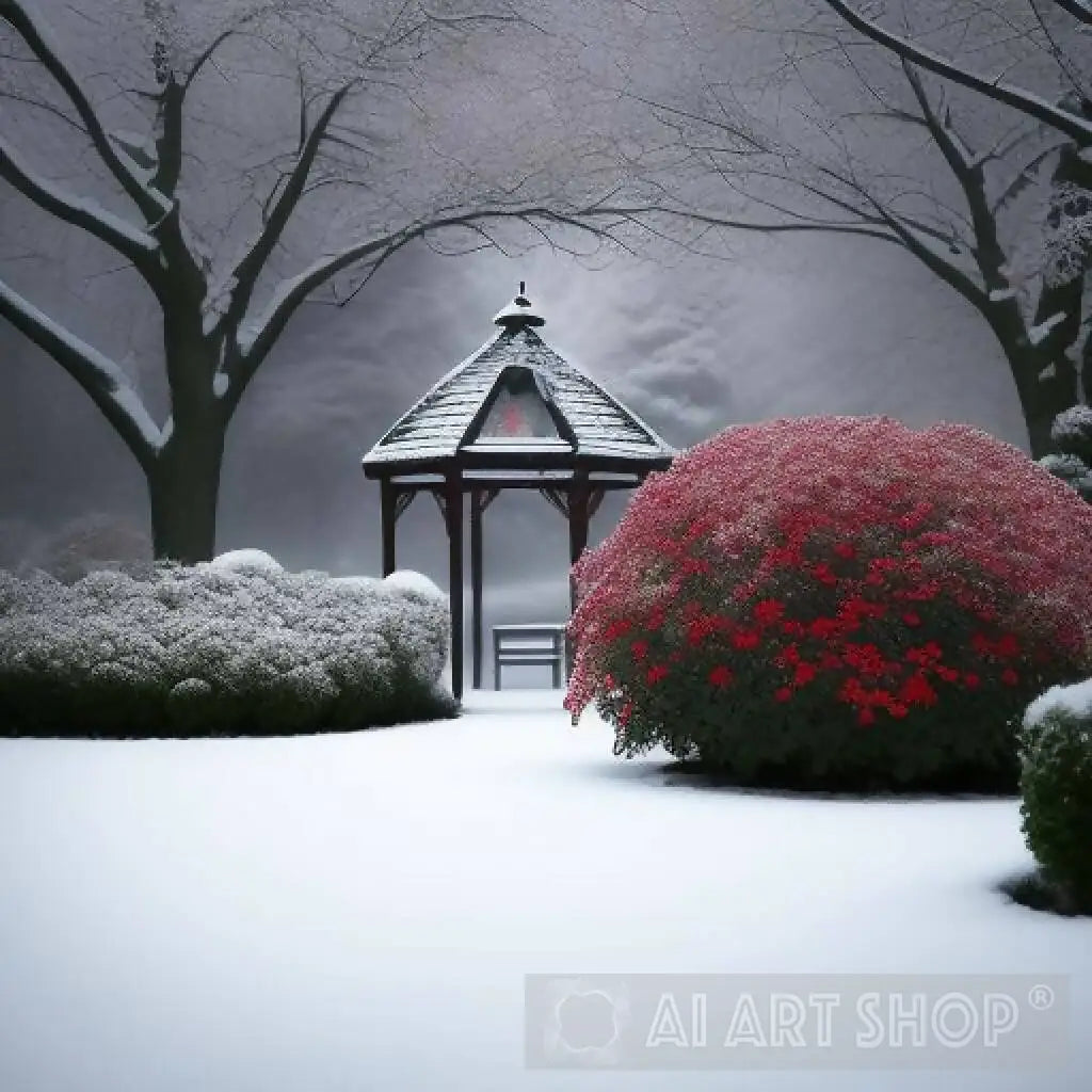 "Contrast of red roses against falling snow." "Winte...