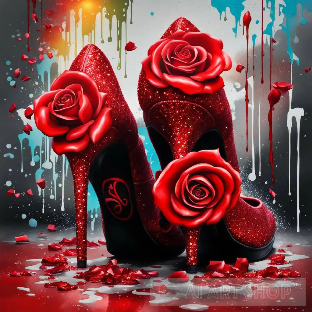 beautiful pair of red high heel shoes with lovely red roses