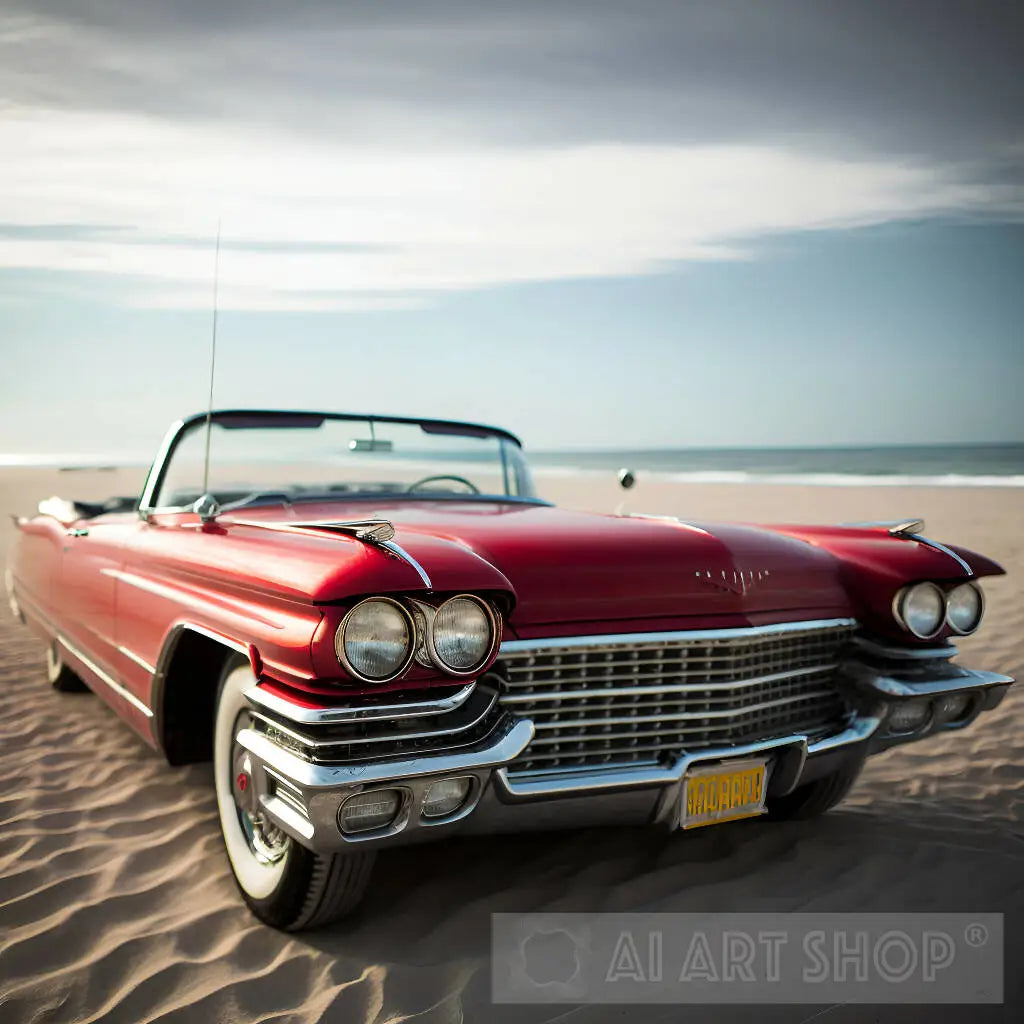 Vintage Red Cadillac Parked on a Sandy Beach
