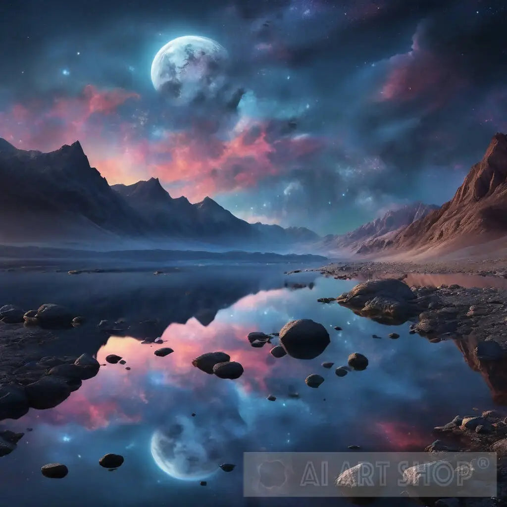 Reflection Of A Beautiful Moonscape And Galactic Sky