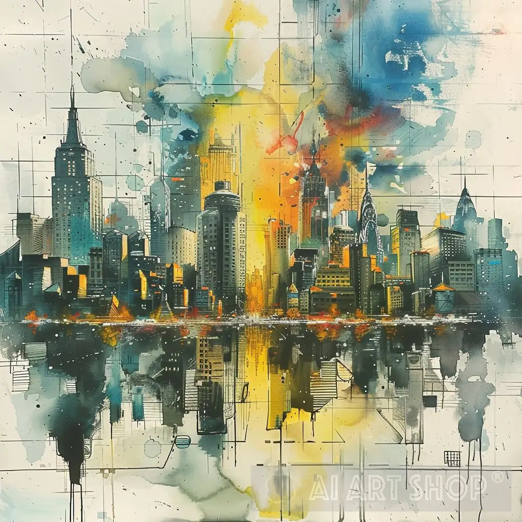 Reflective Cityscape: Abstract Watercolor Skyline