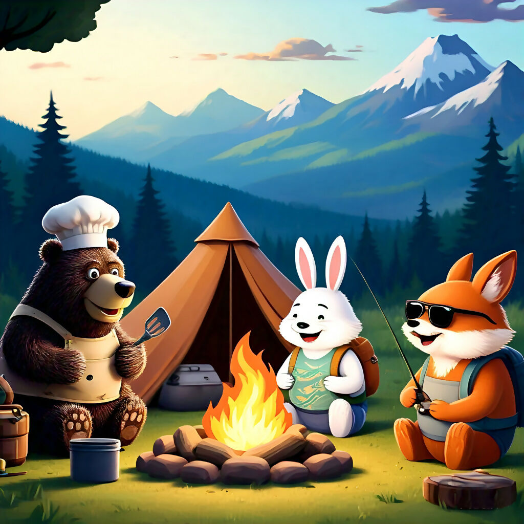Campfire Companions – Whimsical Animal Camping AI Art for Kids