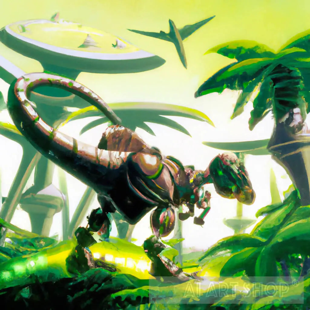 Robosaur Rex: AI generated comic book style sci-fi art painting dep...