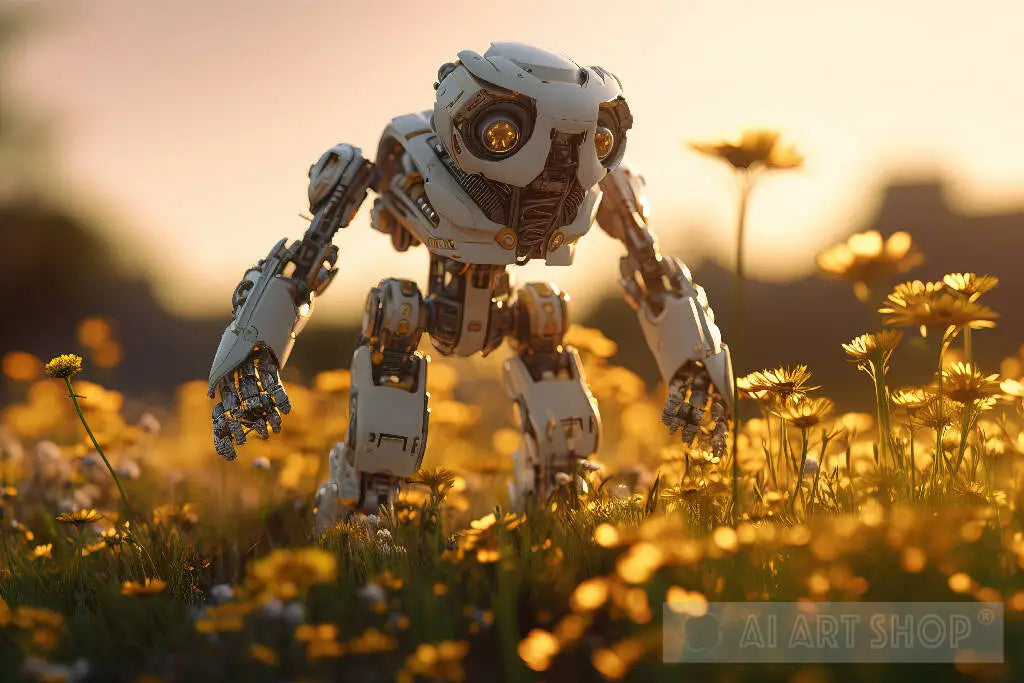 robot, sunlight, meadow, wildflowers, vibrant, technological, autom...