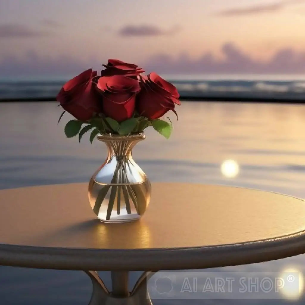 Captivating sunset hues. Tranquil beach ambiance. Red roses in tran...