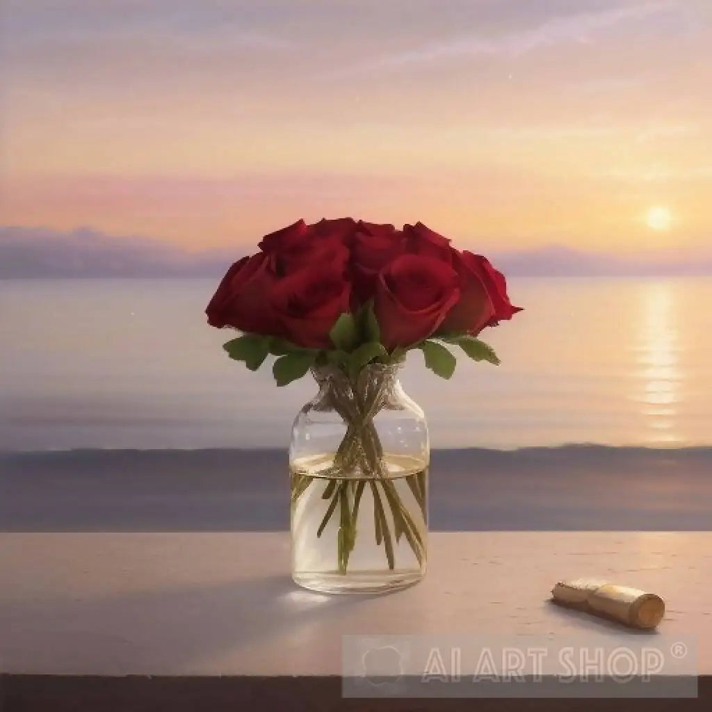 Captivating sunset hues. Tranquil beach ambiance. Red roses in tran...