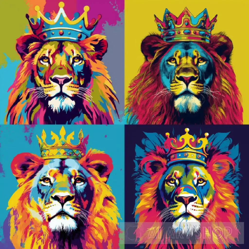 Square pop art composition featuring four AI-generated lion's h...