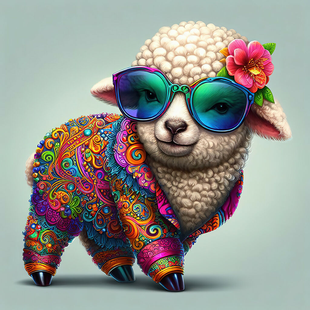 This image features a cute lamb dressed in a vibrant, patterned sui...