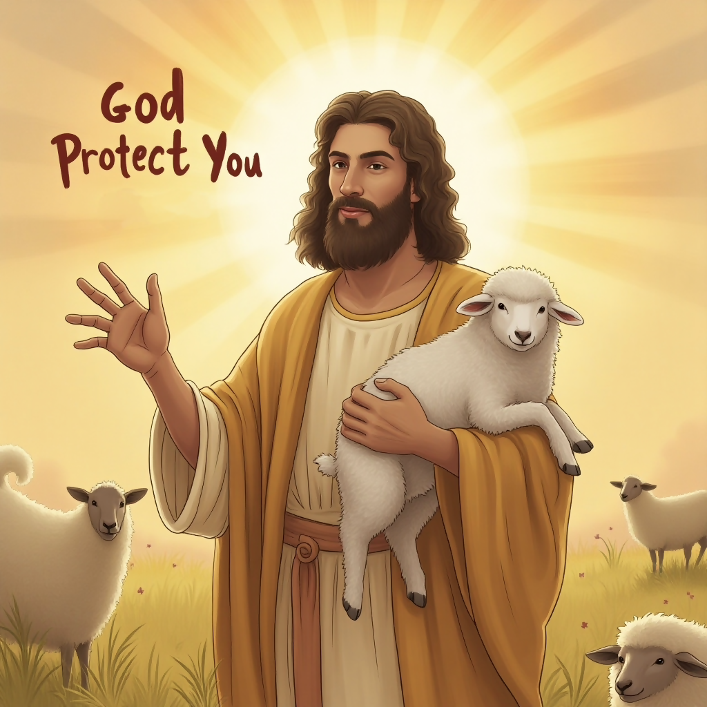 Jesus holding lamb in his hand with God Protect You word