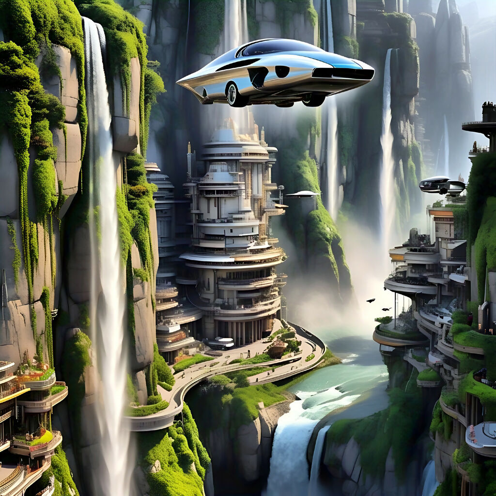 Futuristic Waterfall Canyon Cityscape - AI Landscape Art
