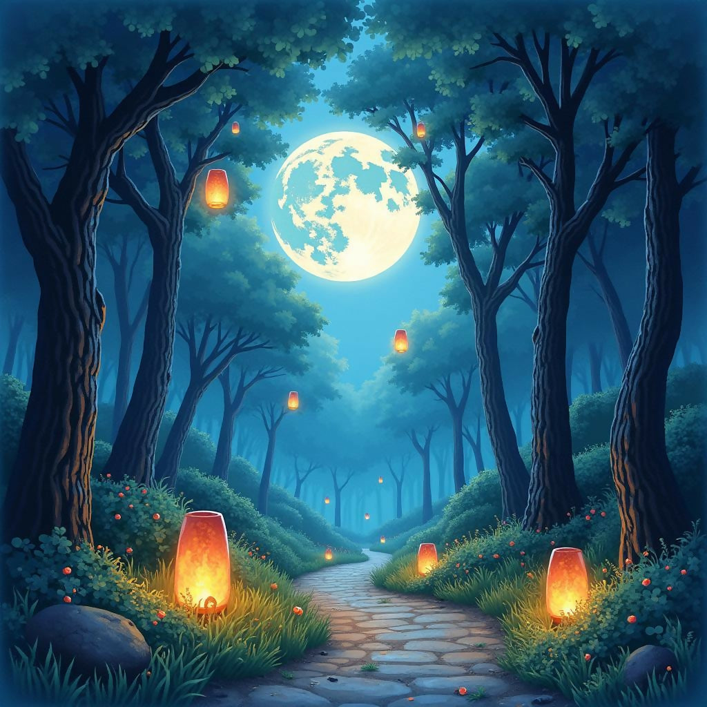 Moonlit Lantern Forest | Whimsical Watercolor of a Magical Moonlit ...