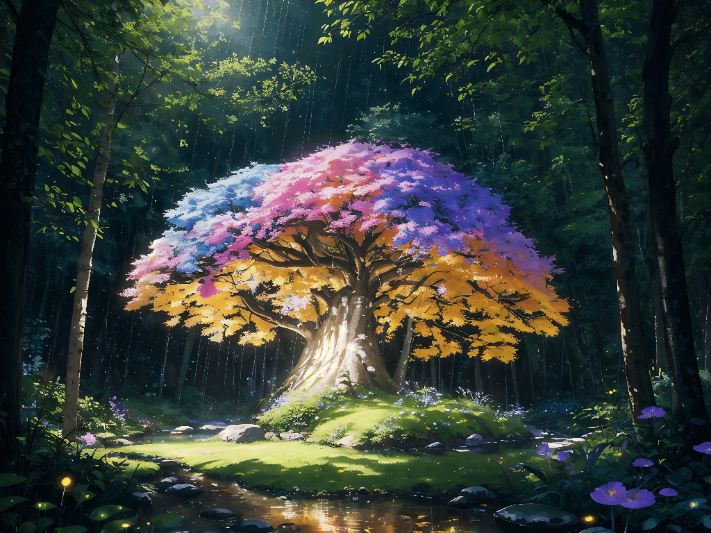 Fantasy Rainbow Tree in Enchanted Forest | Magical Nature Art