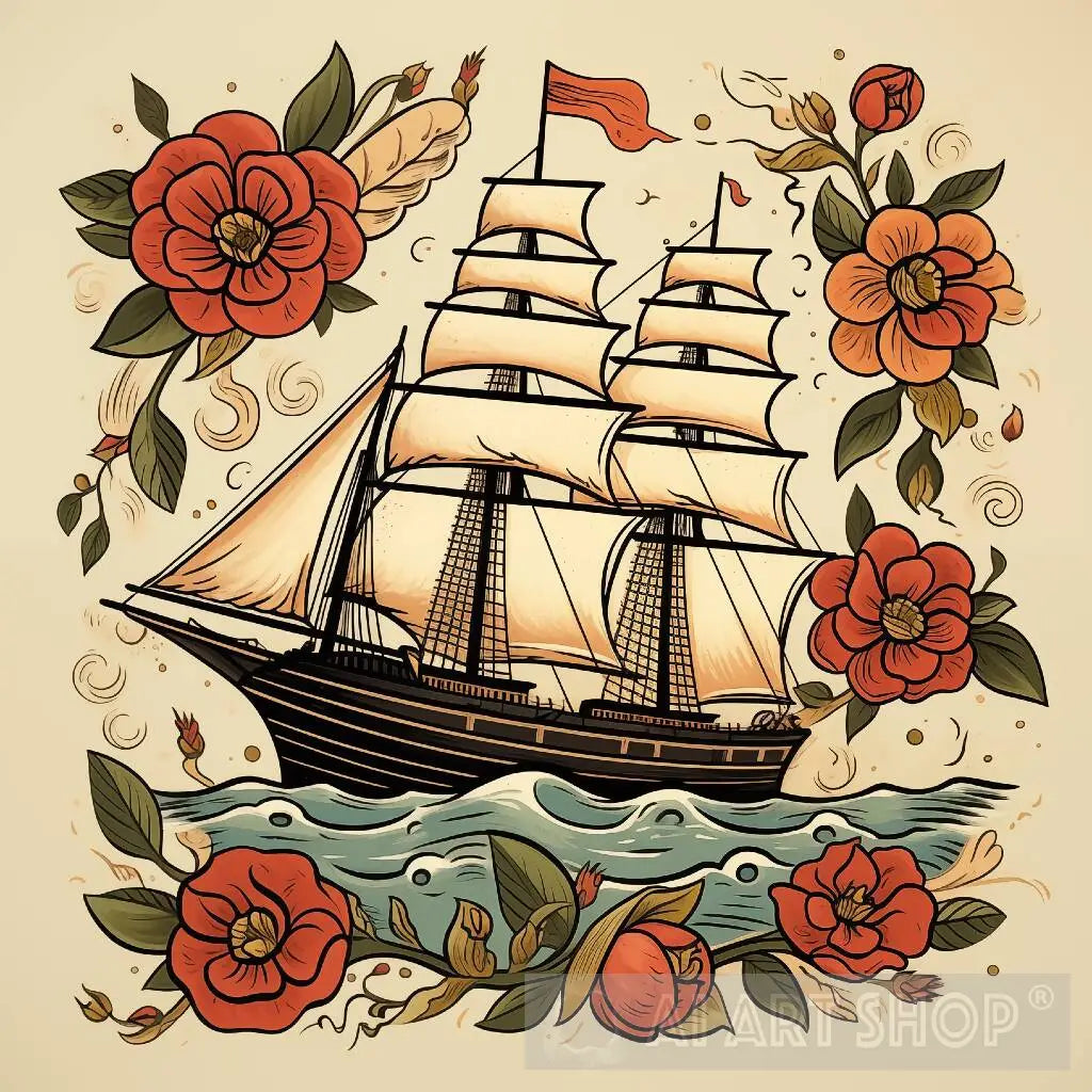 Classic Sailing Ship Nautical Illustration with Roses | Maritime Ar...