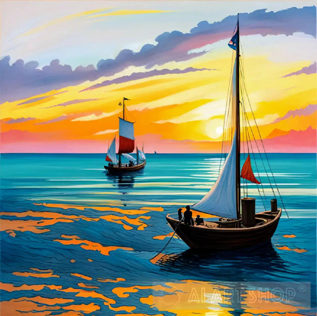 Sailors and ships at sunset digital AI painting