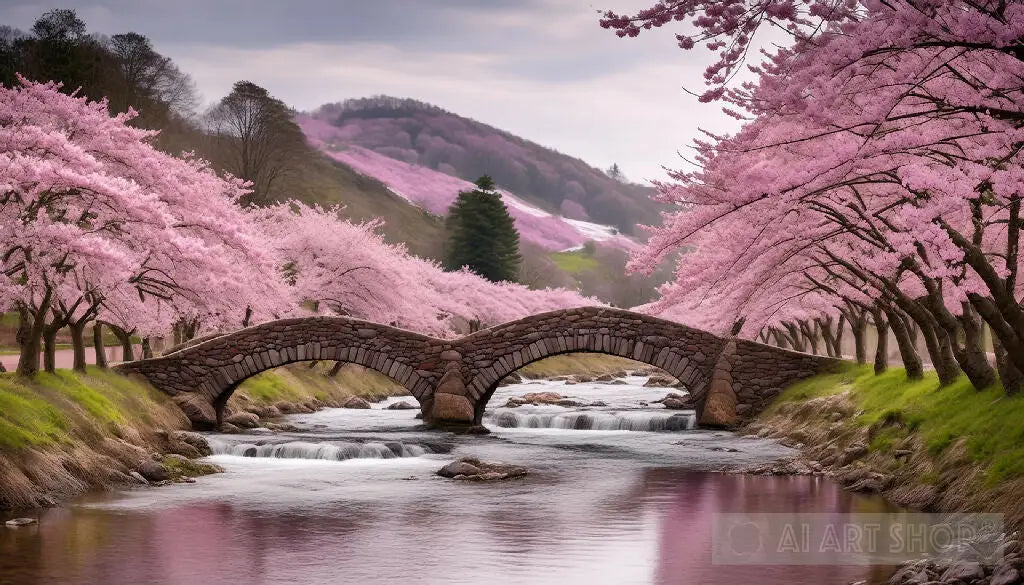Sakura blossom and a stone bridge