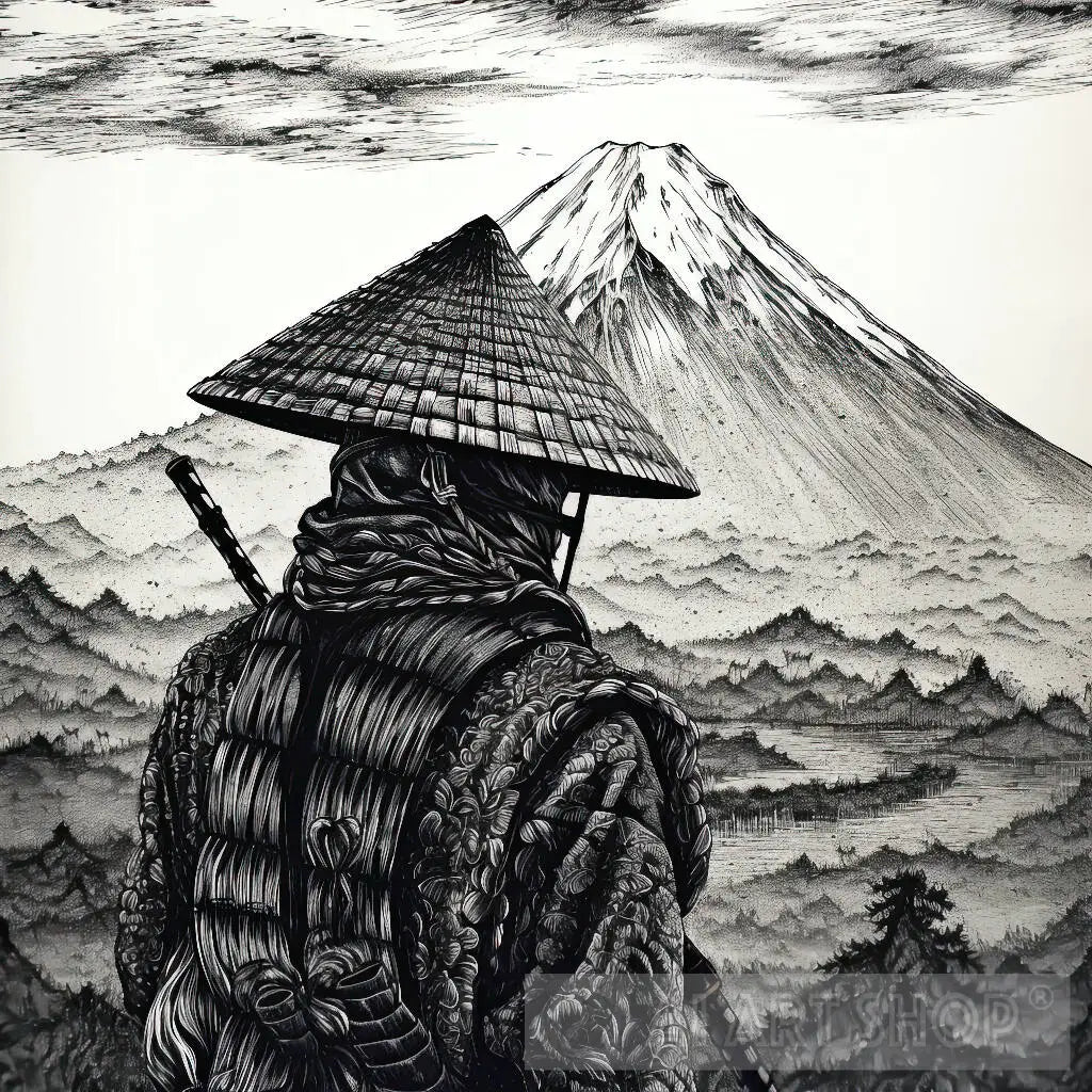 samurai warrior contemplating at Mount Fuji