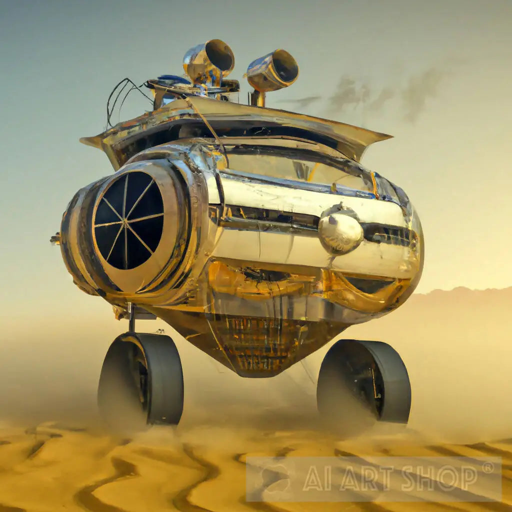 Sand Runner: Gold metallic steampunk robot desert sci-fi vehicle on...