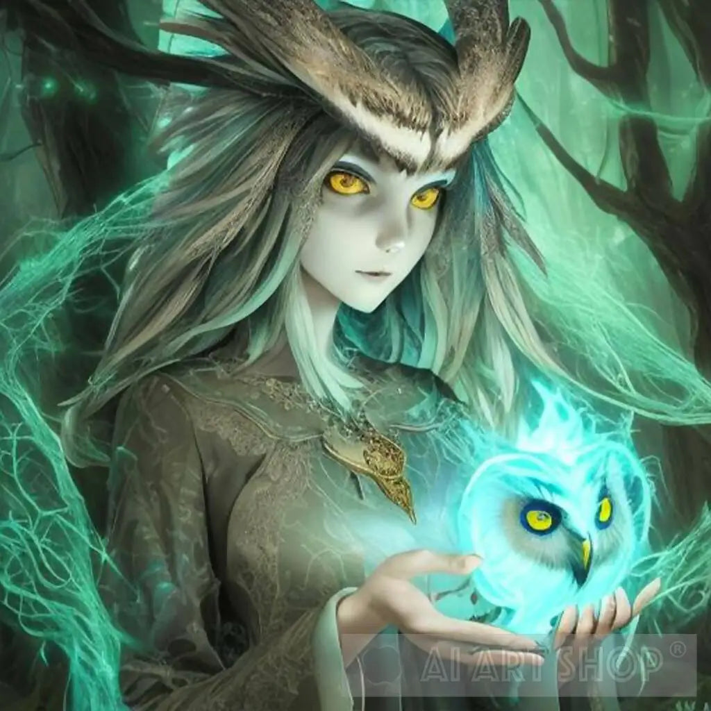 owl sorceress spell casting teal projection