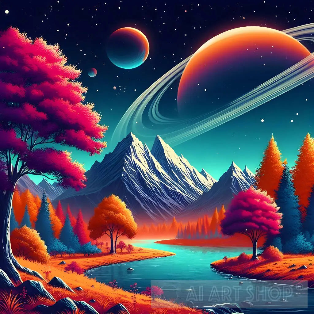 Saturn Landscape, Saturn Art, Celestial Landscape, Space Painting,
