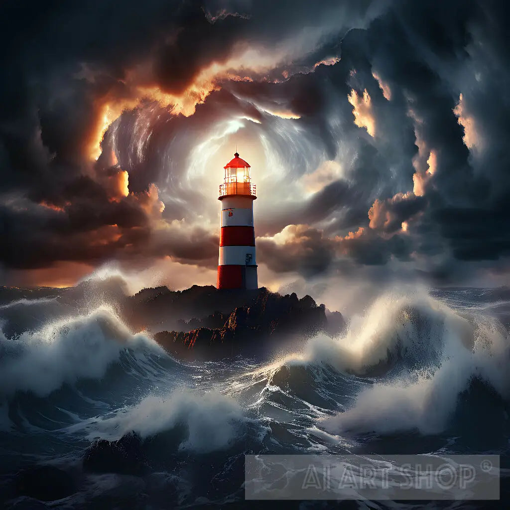 Lighthouse standing tall against turbulent waves and stormy sky.