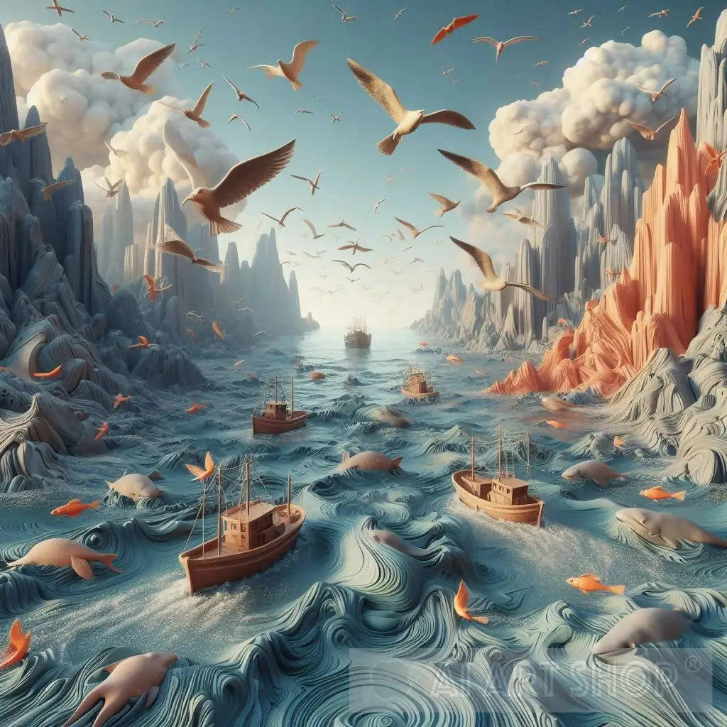 Sea, landscape, clay, fish, boat, mountain, seagull, seal