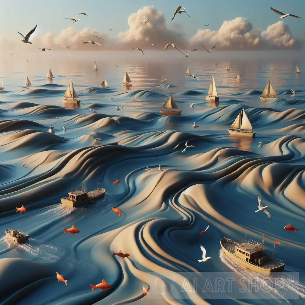 Sea, landscape, clay, fish, boat, mountain, seagull, seal