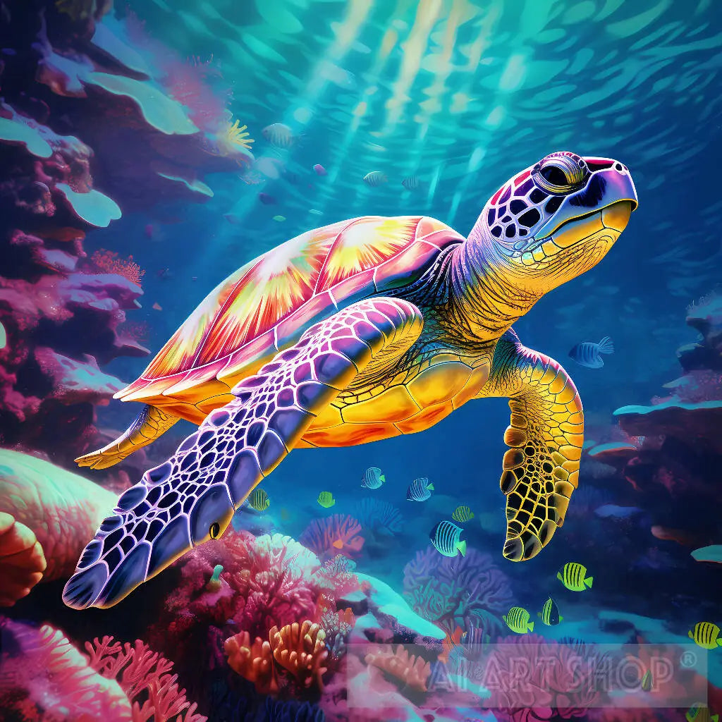 sea turtle in the psychedelic sea
