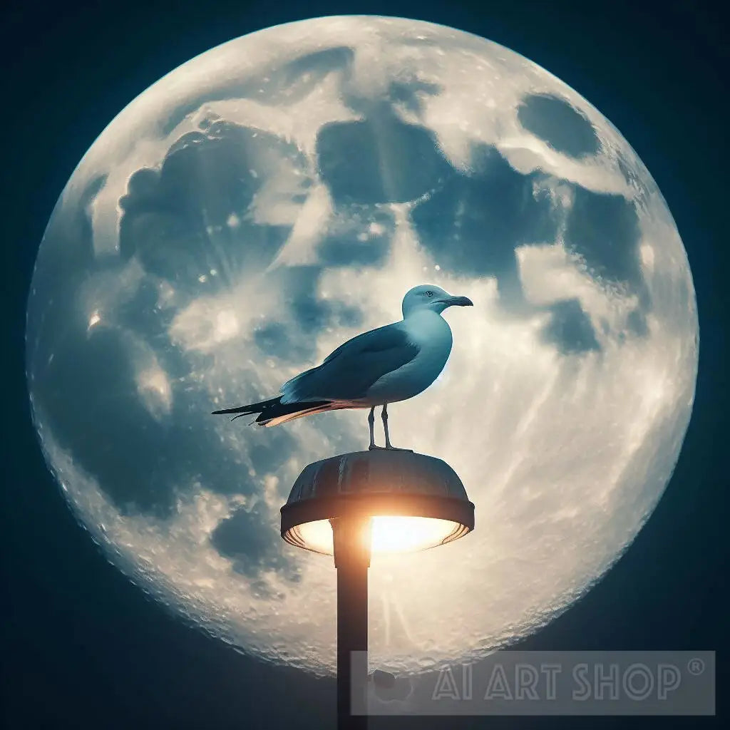 Seagull Sitting on a Streetlight Under a Full Moon