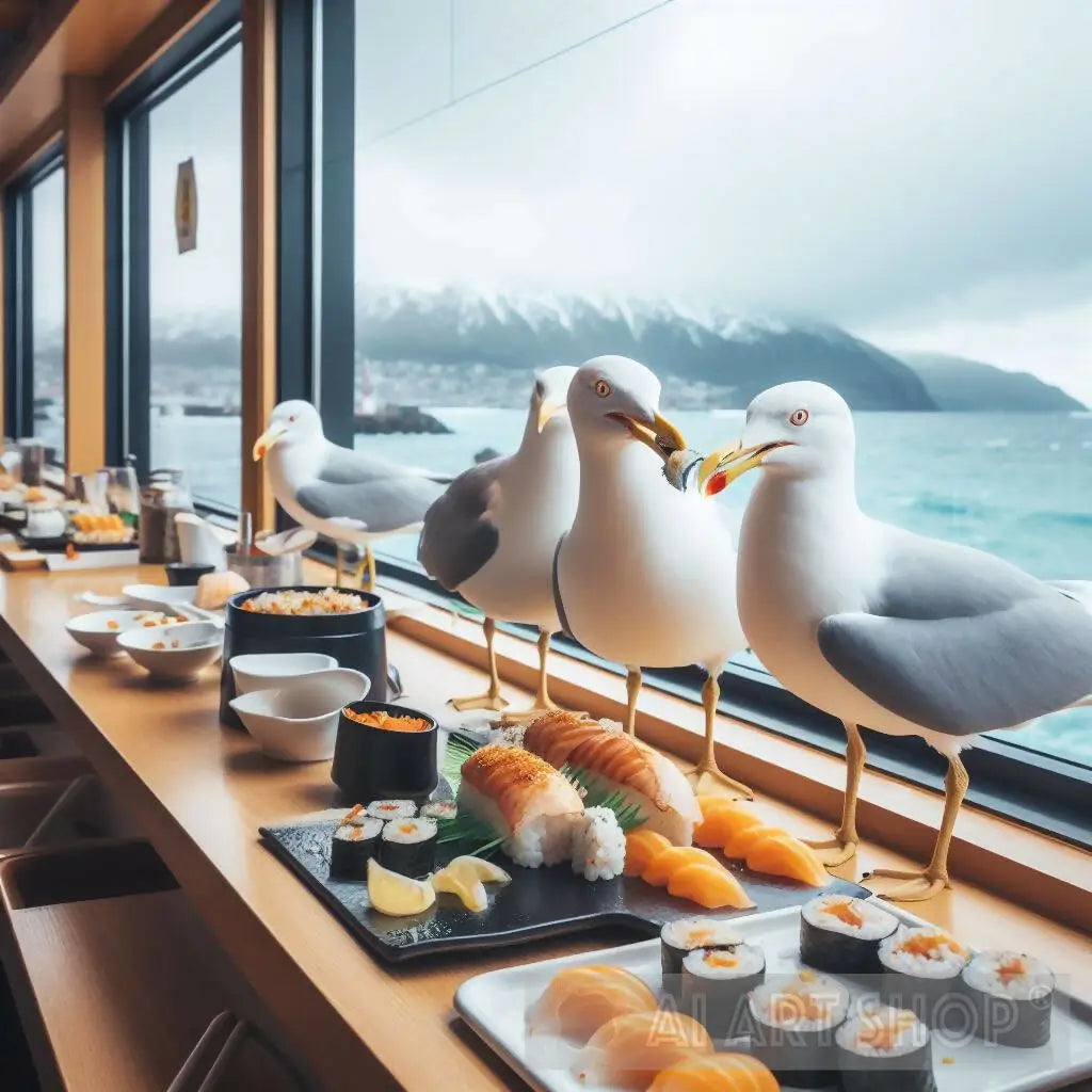 Seagulls Dine at a Sushi Restaurant