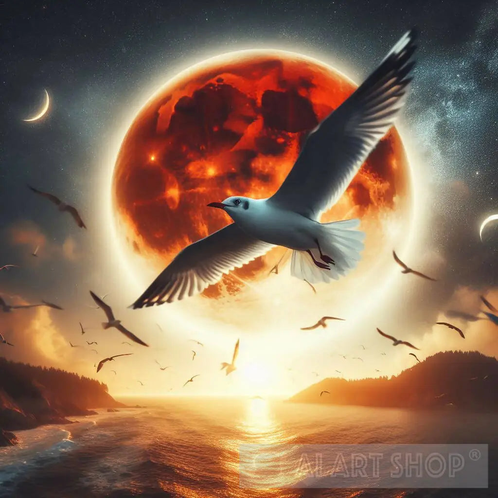 Seagulls Flying During Lunar Eclipse