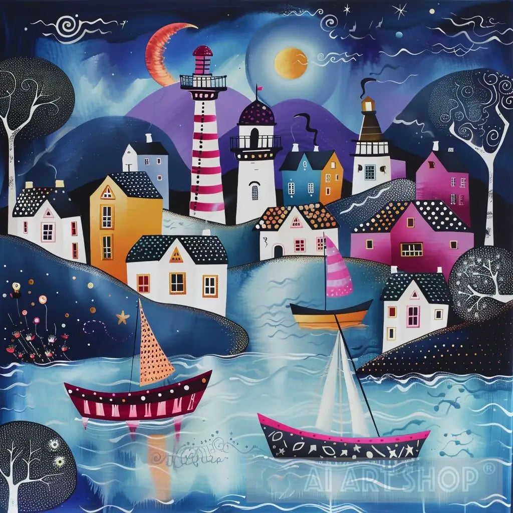 Seaside Village Serenity - Naïf Folk Art