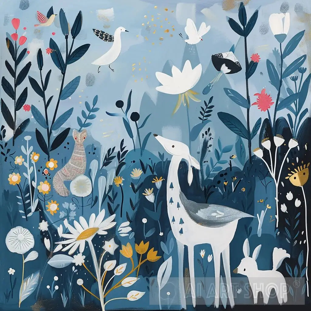 Serene Meadow Bliss - Folk Art Illustration