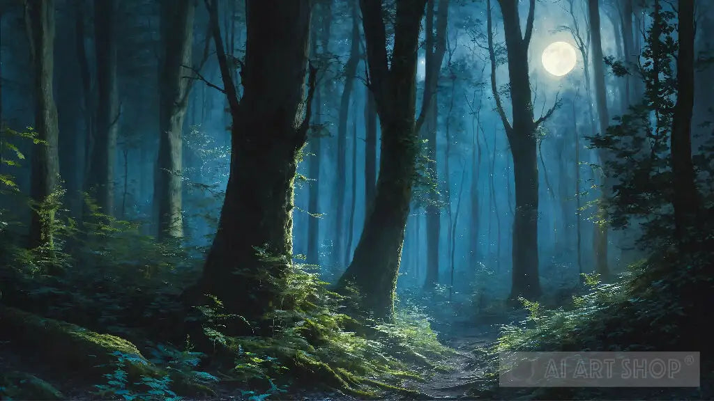 Serene nocturnal scene of a moonlit forest