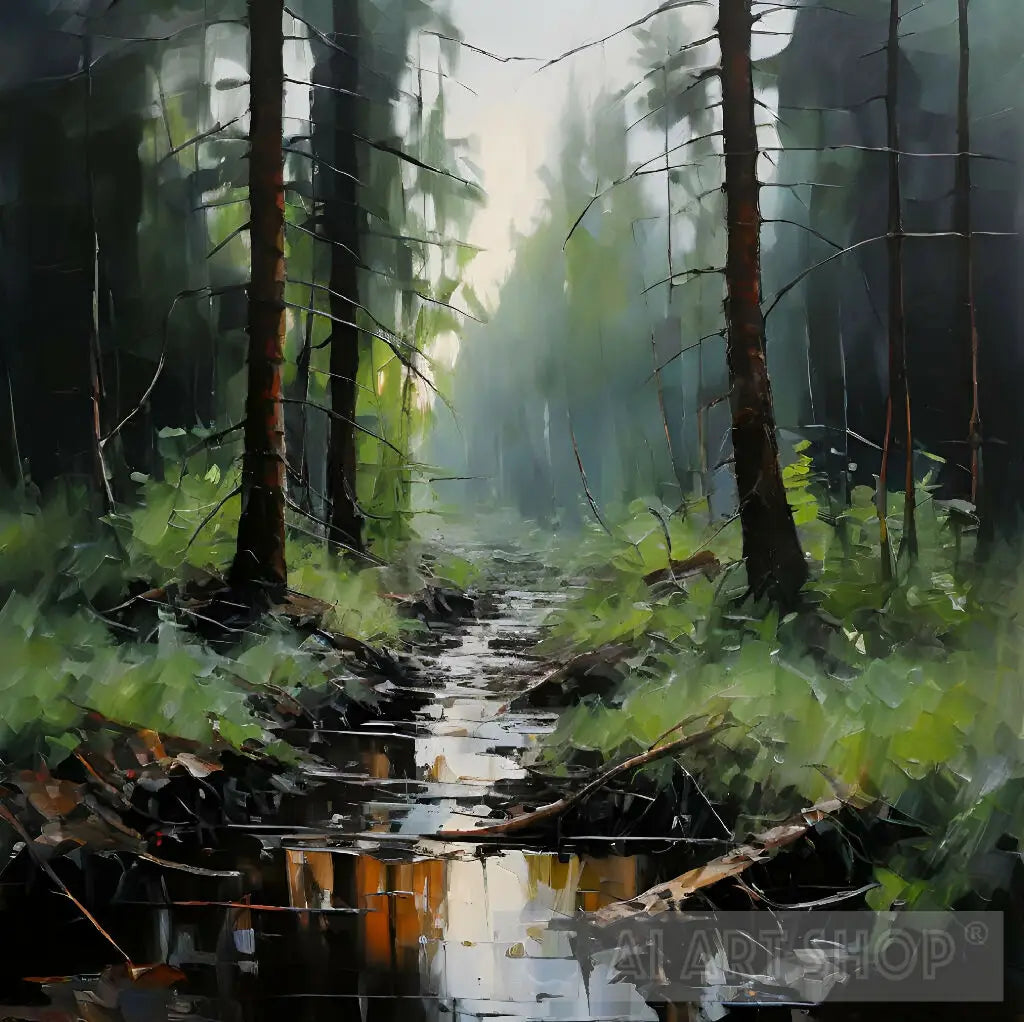 Forest Stream Painting - Serene Landscape Art for Sale