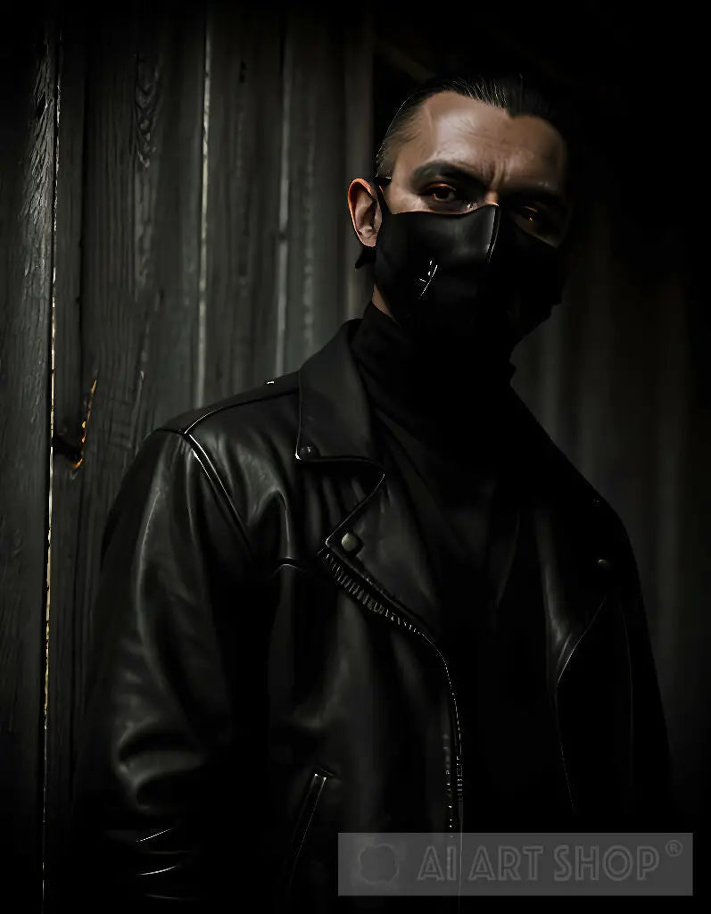 Serial killer in a black mask and leather jacket against a wooden wall