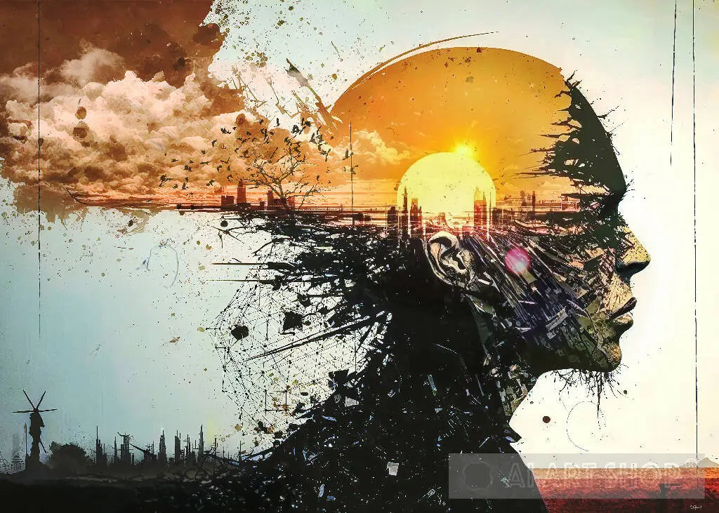 dystopian, abstract, sundried sand, burnt mountains, futuristic cit...