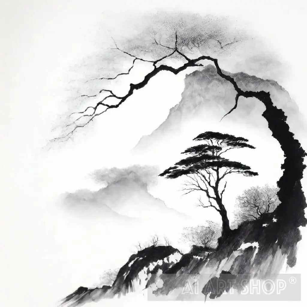 Japanese ink art Mountain and tree Black and white Silent Majesty S...
