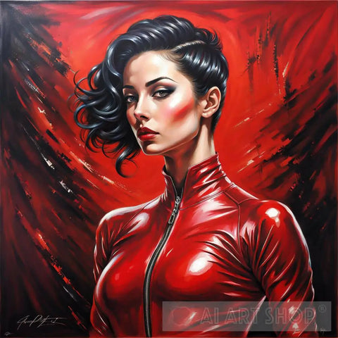 Dark haired female in red costume