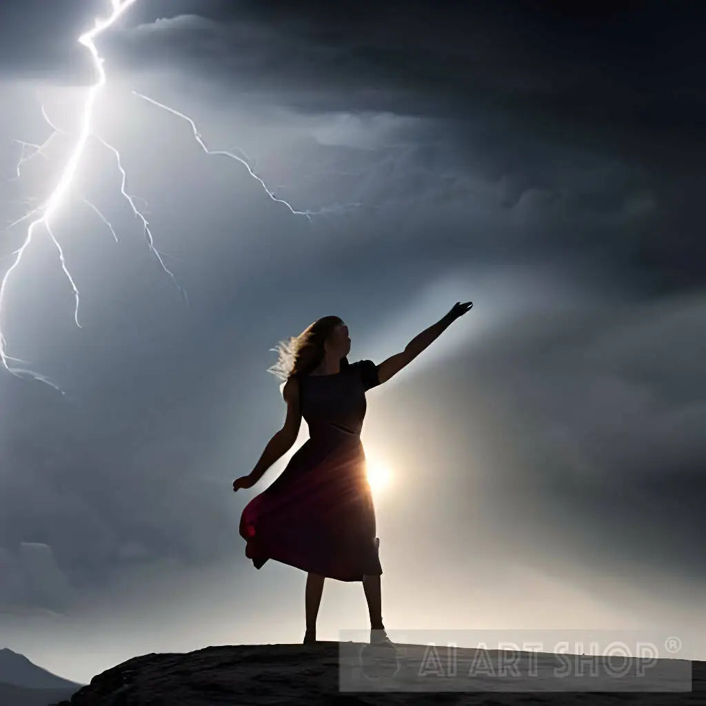 digital artwork, woman, singing, storm, lightning, passion, music,
