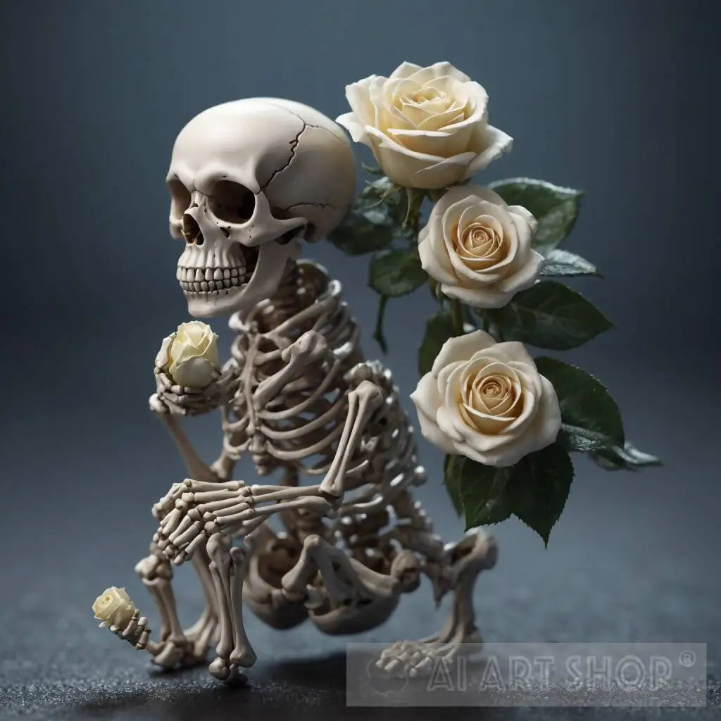 Skeleton chibi cute with a white rose in his hands art