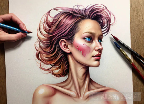 Sketch, woman, crayon, technique, first person, shot, painting