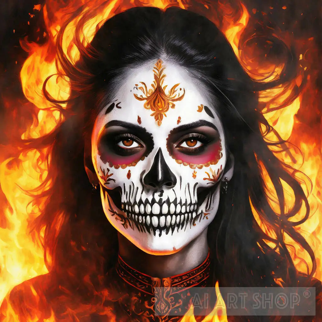 Skull face female ghost rider in flames