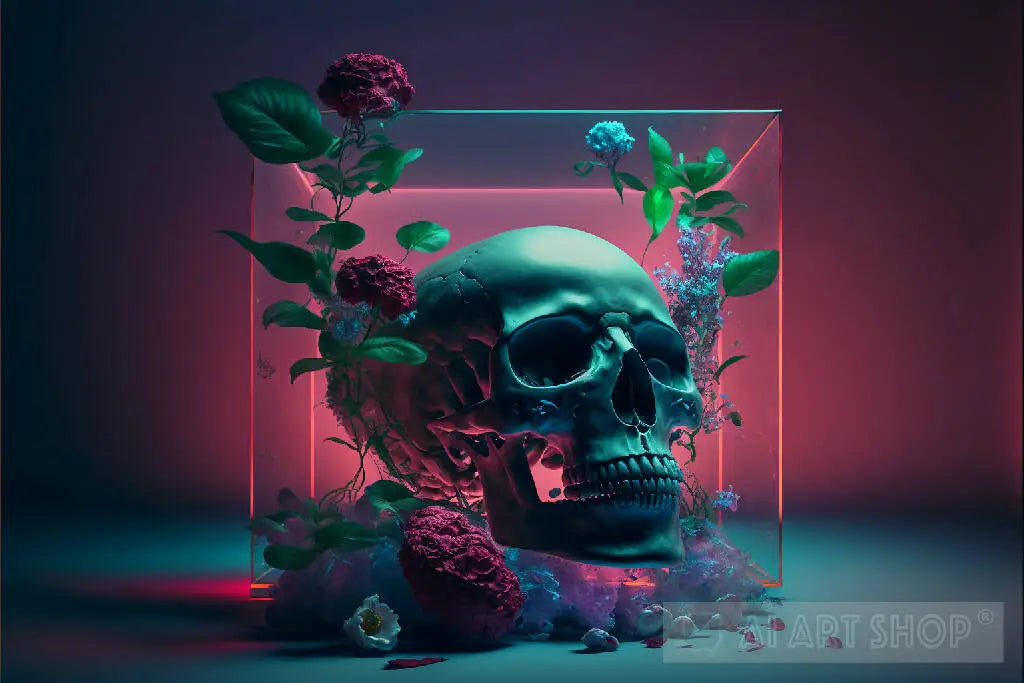 An AI depiction of a skull covered by roses in a glass box.