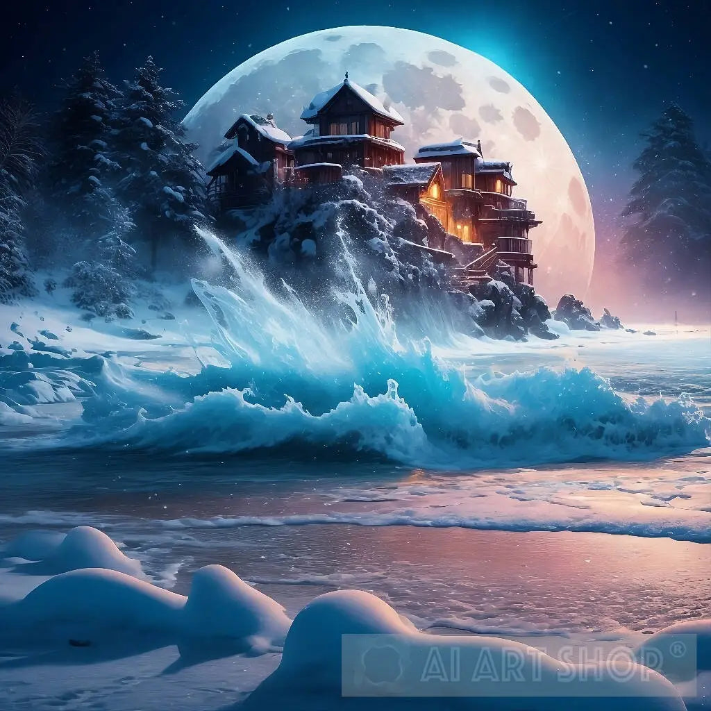 Snow, Snowflakes, Full Moon, Beach, Hyperrealistic, Splash Art, Con...